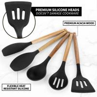 China 5 Piece Non-Stick Silicone Kitchen Cooking Utensil Set with Beechwood Handle 31-33cm for sale