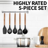 China 5 Piece Non-Stick Silicone Kitchen Cooking Utensil Set with Beechwood Handle 31-33cm for sale
