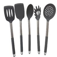 China Silicone Nonstick Kitchen Utensil Set 5 Piece Heat Resistant Spatula Spoon for Frying Fish Leak for sale