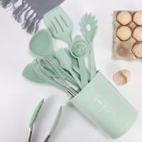 China 995G Silicone Kitchen Utensil Set 12-Piece Non-Stick with Wooden Handle and Storage Bucket for sale