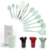 China 995G Silicone Kitchen Utensil Set 12-Piece Non-Stick with Wooden Handle and Storage Bucket for sale