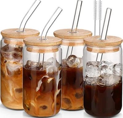 China High Borosilicate Glass Mason Jar 16oz with Bamboo Lid and Straw Clear Glass Cups for sale