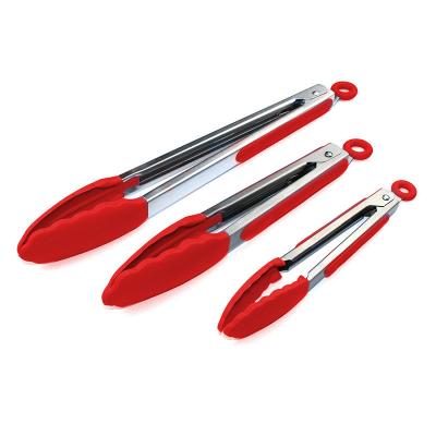 China 27cm Red Silicone Clamp Stainless Steel Kitchen Grill Tongs for BBQ Buffet Camping for sale