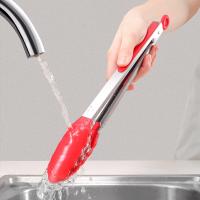 China 27cm Red Silicone Clamp Stainless Steel Kitchen Grill Tongs for BBQ Buffet Camping for sale