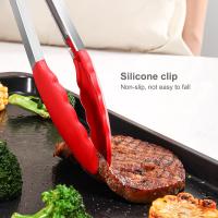 China 27cm Red Silicone Clamp Stainless Steel Kitchen Grill Tongs for BBQ Buffet Camping for sale
