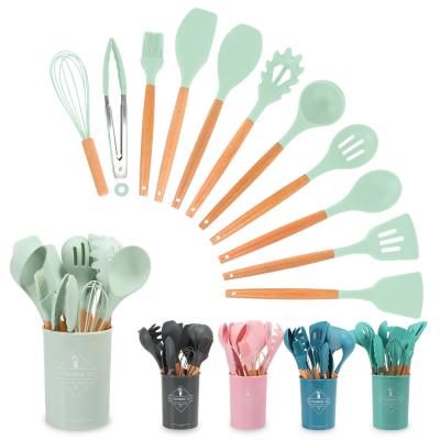 China Food Grade Silicone Kitchen Utensils Set 12 Piece Wooden Handle Cooking Tools 1.2KG for sale