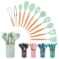 China 11-Piece Non-Stick Silicone Kitchen Utensil Set with Wooden Handle 446°F Heat Resistant for sale