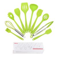 China Food Grade Silicone Kitchen Utensil Set 10 Pcs Nonstick High Temperature 446F Wooden Handle for sale