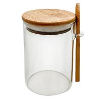 China Borosilicate Glass Food Storage Container with Bamboo Lid and Spoon 100x100mm for sale
