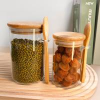 China Borosilicate Glass Food Storage Container with Bamboo Lid and Spoon 100x100mm for sale