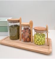 China Borosilicate Glass Food Storage Container with Bamboo Lid and Spoon 100x100mm for sale