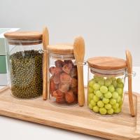 China Borosilicate Glass Food Storage Jar with Bamboo Lid and Spoon 100x100mm for sale