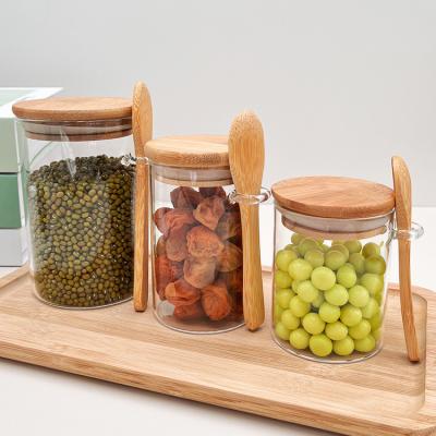 China Borosilicate Glass Food Storage Jar with Bamboo Lid and Spoon 100x100mm for sale