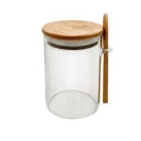 China Borosilicate Glass Food Storage Jar with Bamboo Lid and Spoon 100x100mm for sale