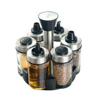China 1.5kg Oil Vinegar Dispenser Set 6 Bottles Stainless Steel 360 Rotating Holder Glass Condiment Set for Kitchen for sale