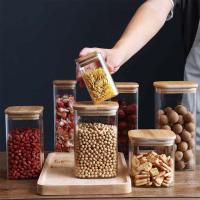China Borosilicate Glass Food Storage Container with Bamboo Lid 300ml 500ml Spice Jar for sale