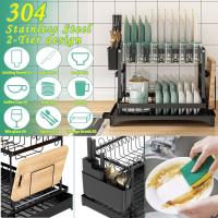 China 2-Tier Stainless Steel Kitchen Dish Drying Rack with Drainboard Foldable 85x32x15cm for sale