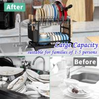 China 2-Tier Stainless Steel Kitchen Dish Drying Rack with Drainboard Foldable 85x32x15cm for sale