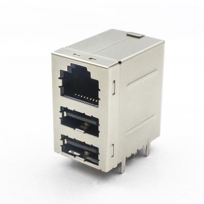 China TMRJUSB2EXX12 Modular RJ45 USB Connector with Dual USB 2.0 Ports, 125V 1.5A Rating, 27.5mm Length for sale