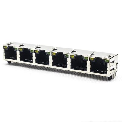 China 1x6 Port Shielded RJ45 Connector 8P8C PCB Jack with LEDs 125V 1.5A TM5JA816T2111 for sale