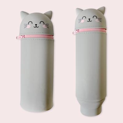 China Hot Selling Wholesale OEM Waterproof Silicone Student Cute Cat Shape Pencil case Pen Bag for sale