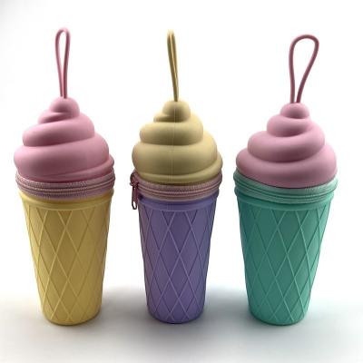 China Reliable Quality Large Capacity Handle Silicone Pencil case Student Fancy Ice Cream Shape Pen Bag for sale