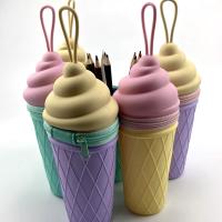 China Reliable Quality Large Capacity Handle Silicone Pencil case Student Fancy Ice Cream Shape Pen Bag for sale