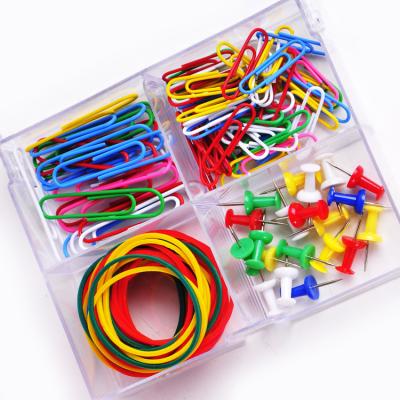 China Hot selling office stationery set different sizes color paper clip and rubber bands push pins for sale