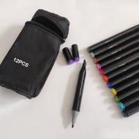 China Hot selling customizable kids drawing multi-color 12pcs fibre tip pen double-ended triangle marker pen with black bag for sale