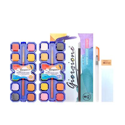 China 24 Colours Fast Drying Tray Paint Set Watercolor Cake With Brush Sponge for sale