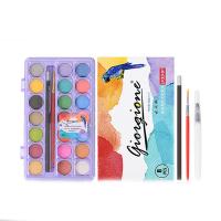 China 21 Colours Bright Color High Saturation Kids Semi Moist Watercolor Oval With Pencil Tap Brush for sale