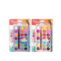 China 21 Colours Bright Color High Saturation Kids Semi Moist Watercolor Oval With Pencil Tap Brush for sale