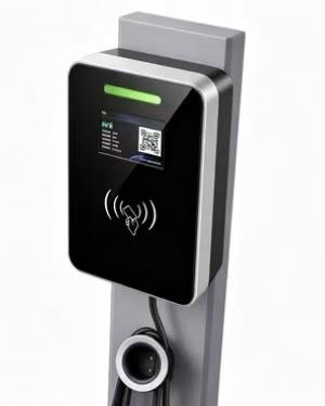 China Euro Type2 EV Charger Square Glass Wall And Column Mount AC Charging Station 7kW 32A 85V 265V IP54 5.64 Inch LCD Display For Home Commercial Charging for sale
