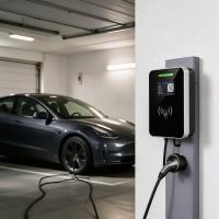 China 22kW Euro Type2 AC EV Charger Square Glass Design Wall Or Column Mount 32A 380V IP54 5.64 Inch LCD Display Home Commercial Charging Station for sale