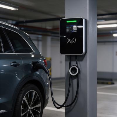 China US Type1 EV Charger Square Glass Wall And Column Mount AC Charging Station 7.6kW 32A 85V 265V IP54 5.64 Inch LCD Display For Home Light Commercial Charging for sale