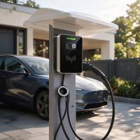 China 22kW Euro Type2 AC EV Charger Square Glass Design Wall Or Column Mount 32A 380V IP54 5.64 Inch LCD Display Home Commercial Charging Station for sale