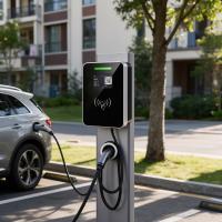 China Residential Light Commercial EV Charging Station Square Glass US Type1 AC Charger Wall Column Mount 9.6kW 40A 85V 265V IP54 5.64 Inch LCD Screen for sale