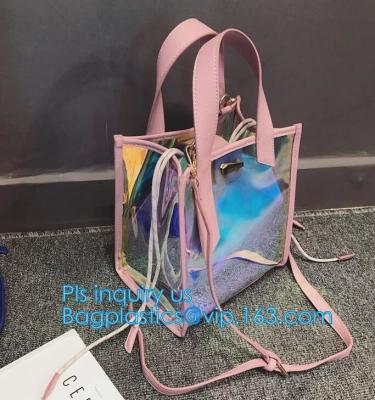China PVC Leather Tote Bag with Studded Clear Shoulder Strap Fashion Translucent Hologram 40x30cm for sale