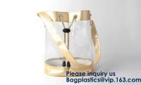 China Clear PVC Drawstring Bag 34x43cm with Gold String for Travel Cosmetics Gym for sale