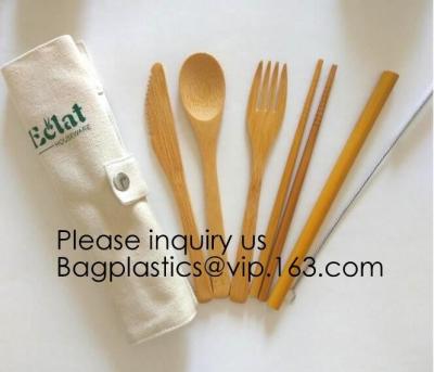 China Eco Friendly 5 Piece Bamboo Disposable Cutlery Set 18cm Fork Knife Spoon Straw Chopsticks Travel for sale