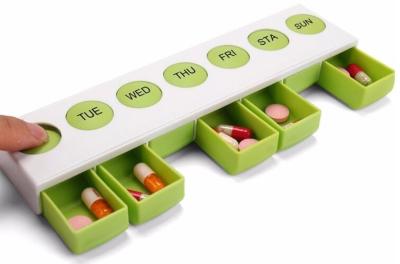China Weekly Monthly Spring Push Button Medicine Box 31 Day Pill Organizer Plastic Storage Case for sale