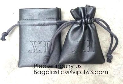 China Custom Black PU Leather Double Drawstring Headphone Pouch Bag 7.5x10cm for sale