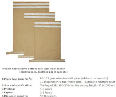 China Multiwall Kraft Paper Sewn Bottom Open Mouth Sacks 80-105gsm for Powder and Grain Packaging for sale