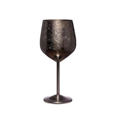 China Steampunk Etched Stainless Steel 18/8 Wine Glass 17oz Black Goblet for sale
