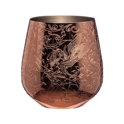 China Copper Stainless Steel Stemless Wine Glass Egg Shape Etched Fairy Castle 7.5x10.2cm for sale