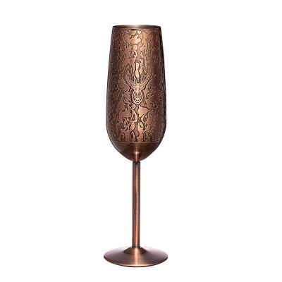 China Unbreakable Stainless Steel Champagne Glasses 200ml Copper Etched Design Wine Cup for sale