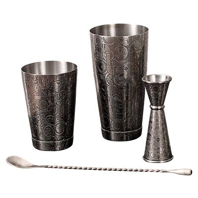 China Antique Black Cocktail Shaker Set 4-Piece 304 Stainless Steel Bartender Kit 28oz 18oz for sale