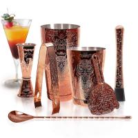 China 18/8 Stainless Steel 7 Piece Baroque Etched Cocktail Shaker Set Antique Copper for sale