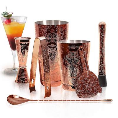 China 18/8 Stainless Steel 7 Piece Baroque Etched Cocktail Shaker Set Antique Copper for sale