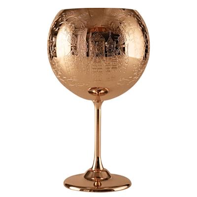 China Copper Plated Stainless Steel 304 Wine Goblets 250ml Etched Baroque Drinkware for Wedding Party for sale